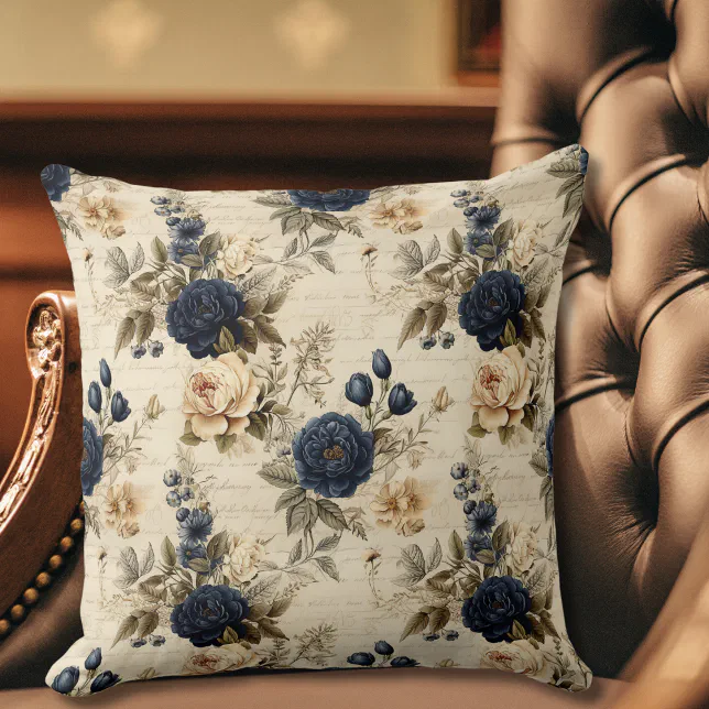 Elegant Blue Cream Roses Floral Pattern Throw Pillow | Zazzle