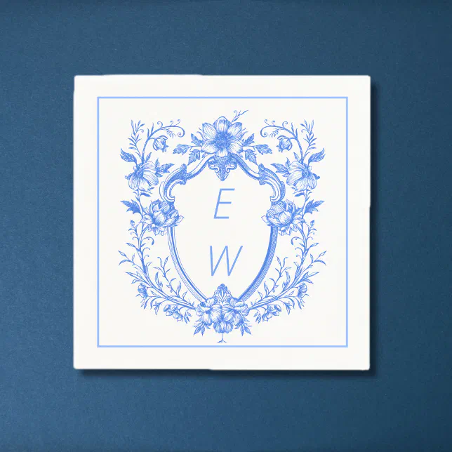 Elegant Blue Crest Monogram Wedding Napkins | Zazzle