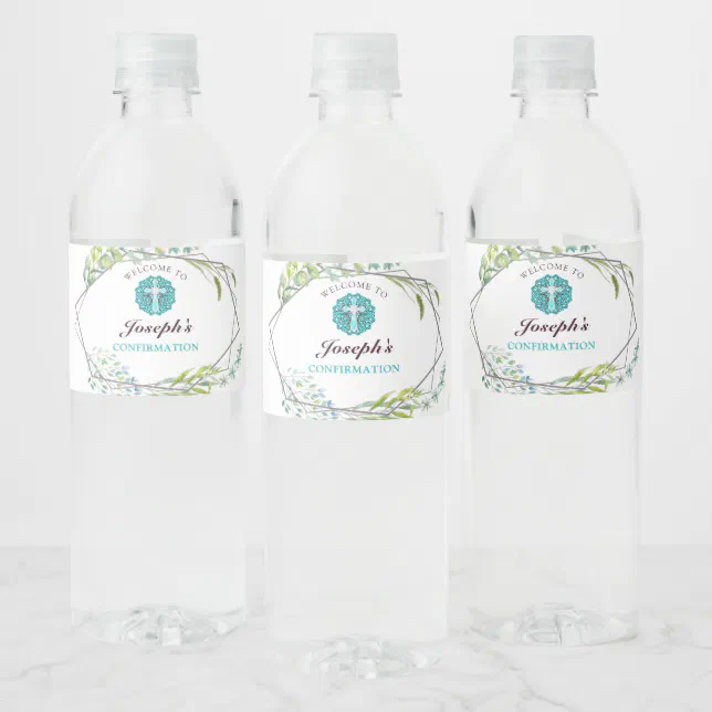 Elegant Blue Cross Leafy Botanical Confirmation Water Bottle Label | Zazzle