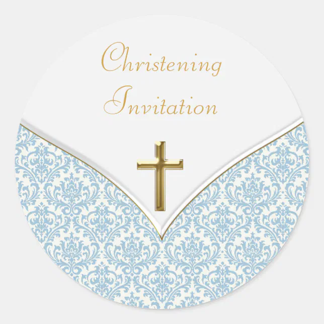 Elegant Blue Damask Christening Stickers | Zazzle