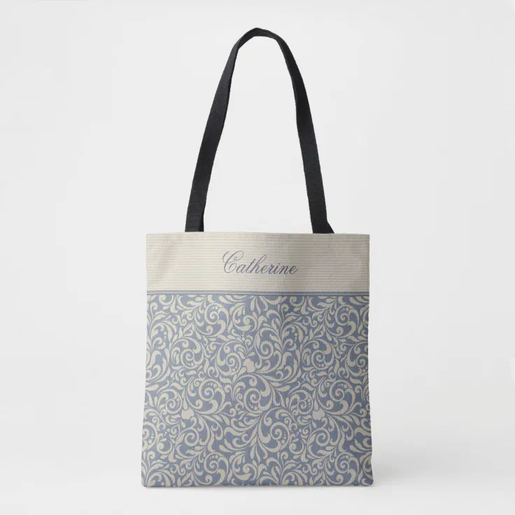 Elegant Blue Damask Pattern with Custom Text Tote Bag | Zazzle