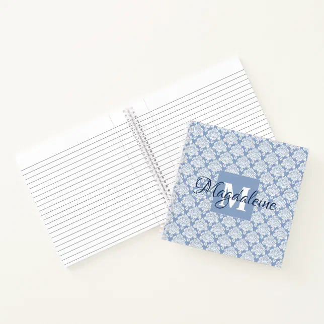 Elegant Blue Damask Pretty Monogrammed Spiral Notebook | Zazzle