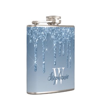 Elegant Blue Dripping Faux Glitter Monogram Flask | Zazzle