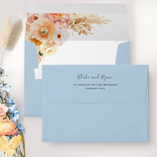 Elegant Blue Envelope with Peach Floral Inside | Zazzle