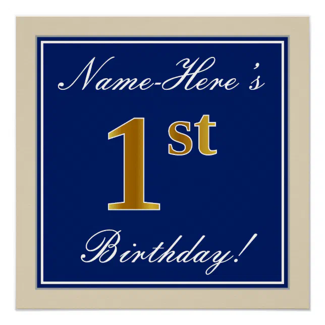 Elegant, Blue, Faux Gold 1st Birthday; Custom Name Poster | Zazzle