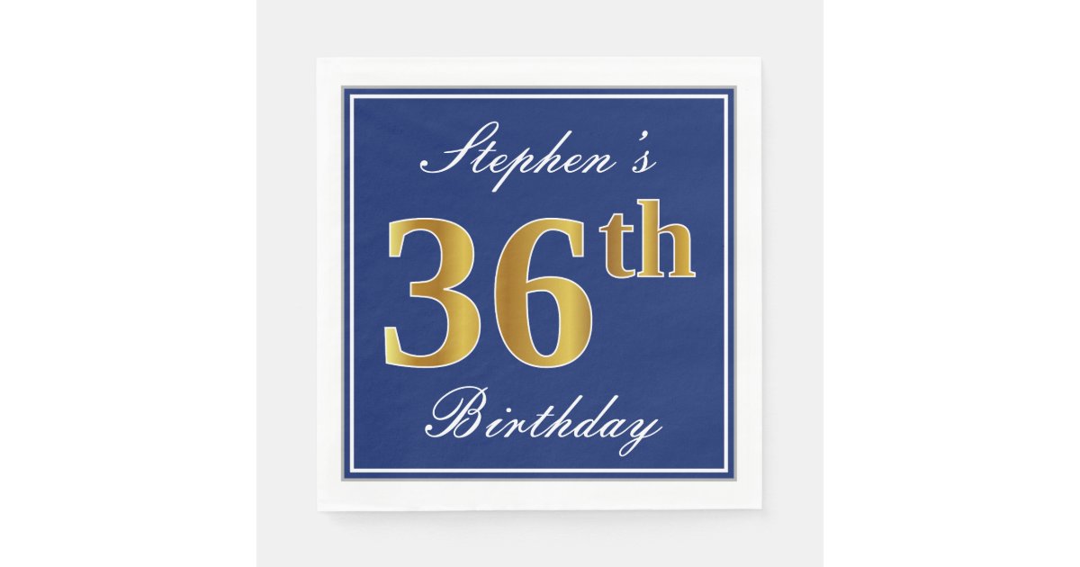 Elegant Blue, Faux Gold 36th Birthday; Custom Name Napkins | Zazzle