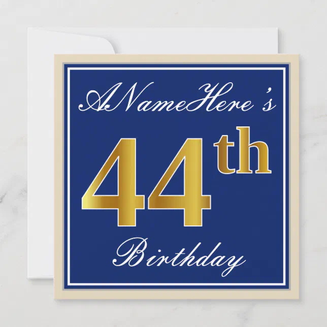 Elegant, Blue, Faux Gold 44th Birthday + Name Invitation | Zazzle