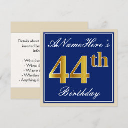Elegant, Blue, Faux Gold 44th Birthday + Name Invitation | Zazzle
