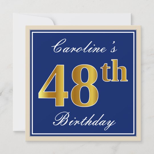 Elegant, Blue, Faux Gold 48th Birthday + Name Invitation | Zazzle.com