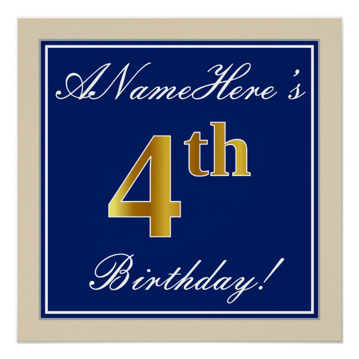 Elegant, Blue, Faux Gold 4th Birthday; Custom Name Poster | Zazzle
