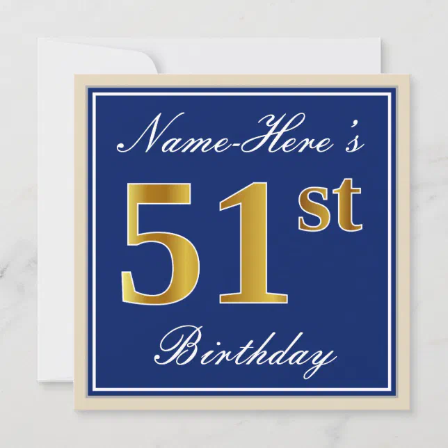 Elegant, Blue, Faux Gold 51st Birthday + Name Invitation | Zazzle
