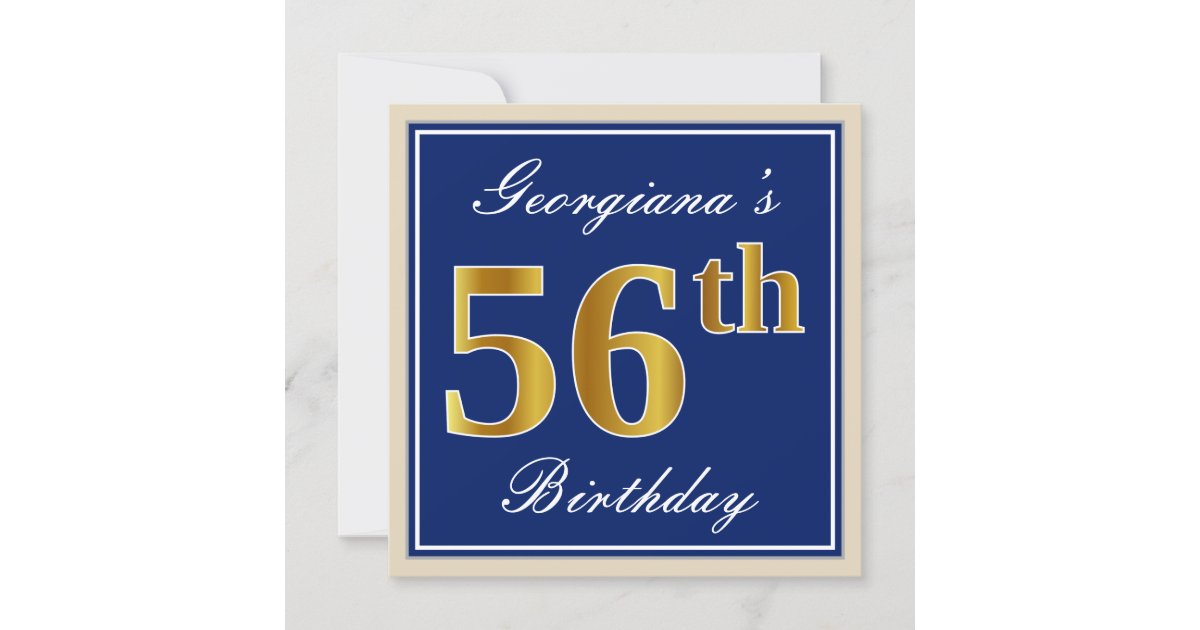 Elegant, Blue, Faux Gold 56th Birthday + Name Invitation | Zazzle