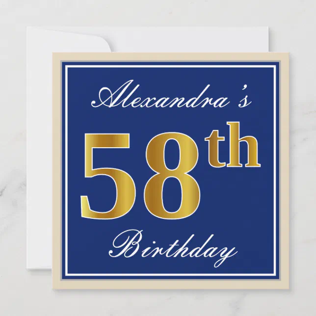 Elegant, Blue, Faux Gold 58th Birthday + Name Invitation | Zazzle