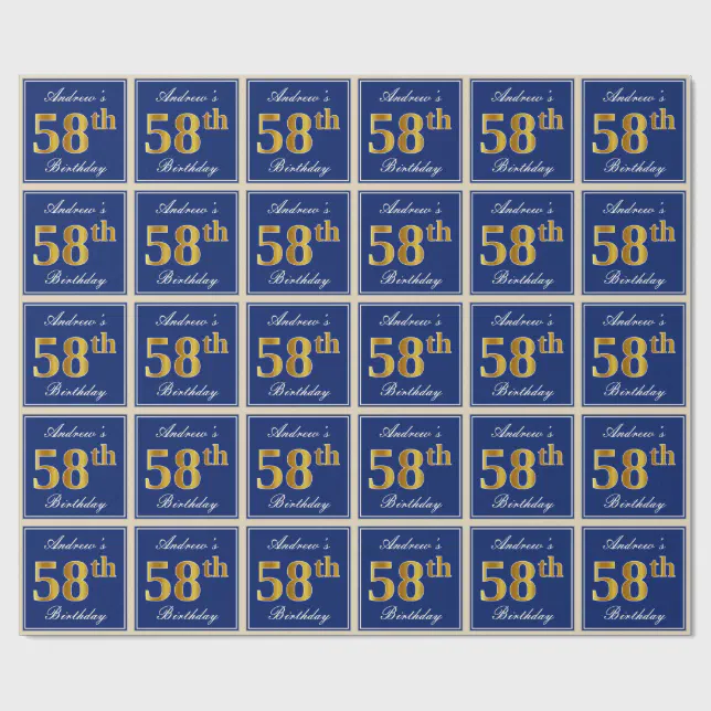 Elegant, Blue, Faux Gold 58th Birthday + Name Wrapping Paper | Zazzle