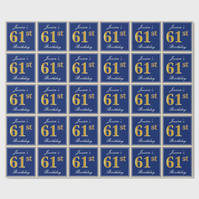Elegant, Blue, Faux Gold 61st Birthday + Name Wrapping Paper | Zazzle
