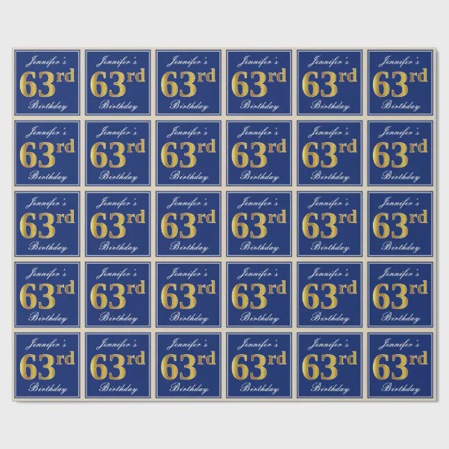 Elegant, Blue, Faux Gold 63rd Birthday + Name Wrapping Paper | Zazzle