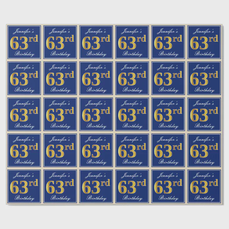 Elegant, Blue, Faux Gold 63rd Birthday + Name Wrapping Paper | Zazzle