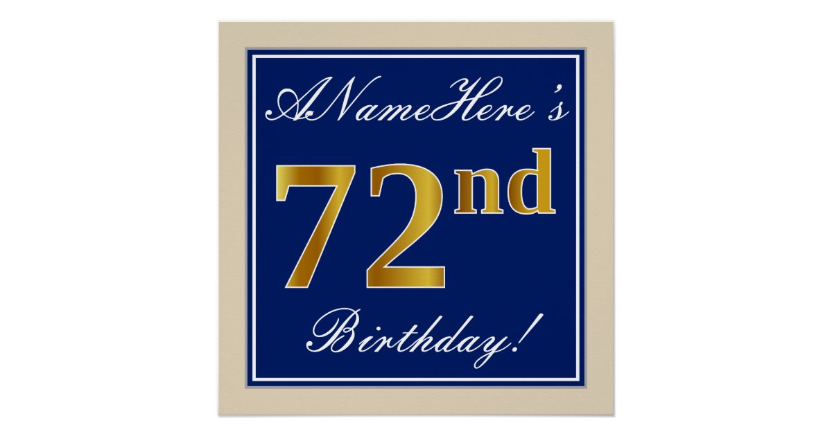 Elegant, Blue, Faux Gold 72nd Birthday + Name Poster | Zazzle
