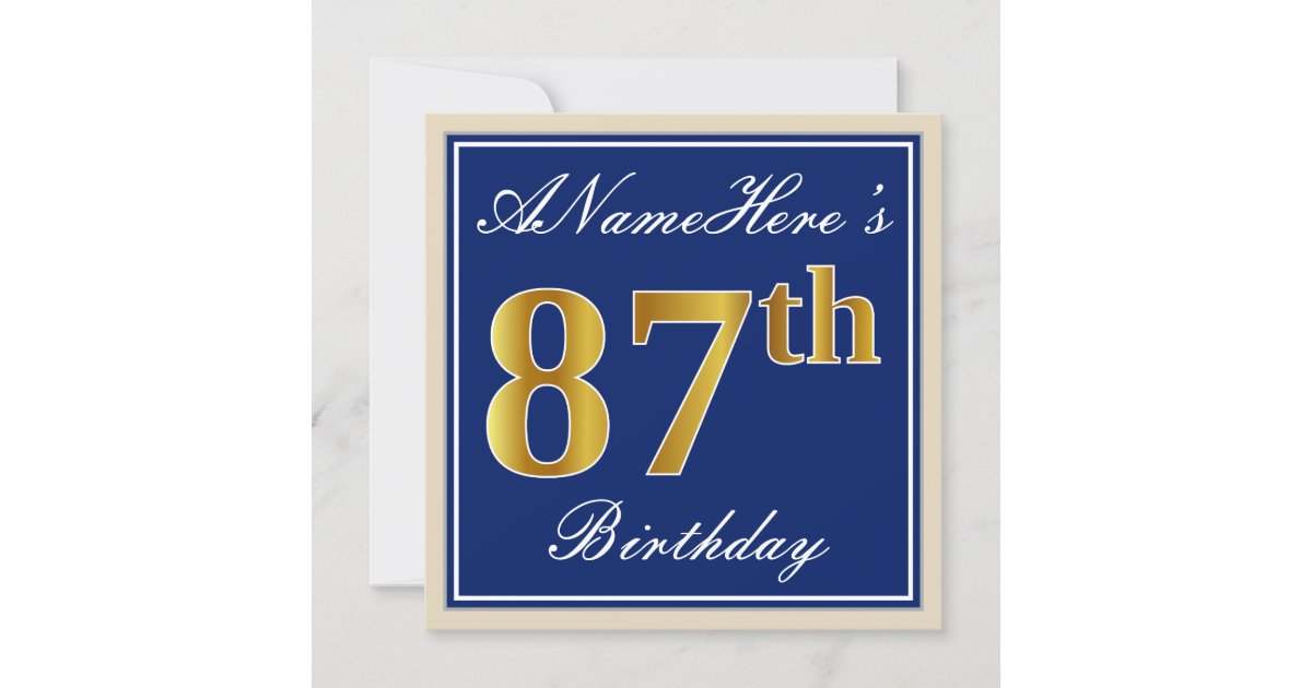 Elegant, Blue, Faux Gold 87th Birthday + Name Invitation | Zazzle