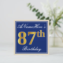 Elegant, Blue, Faux Gold 87th Birthday + Name Invitation | Zazzle