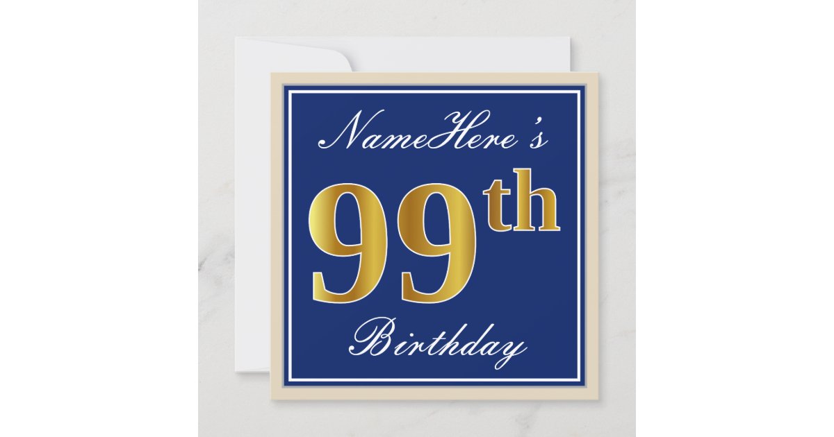 Elegant, Blue, Faux Gold 99th Birthday + Name Invitation | Zazzle