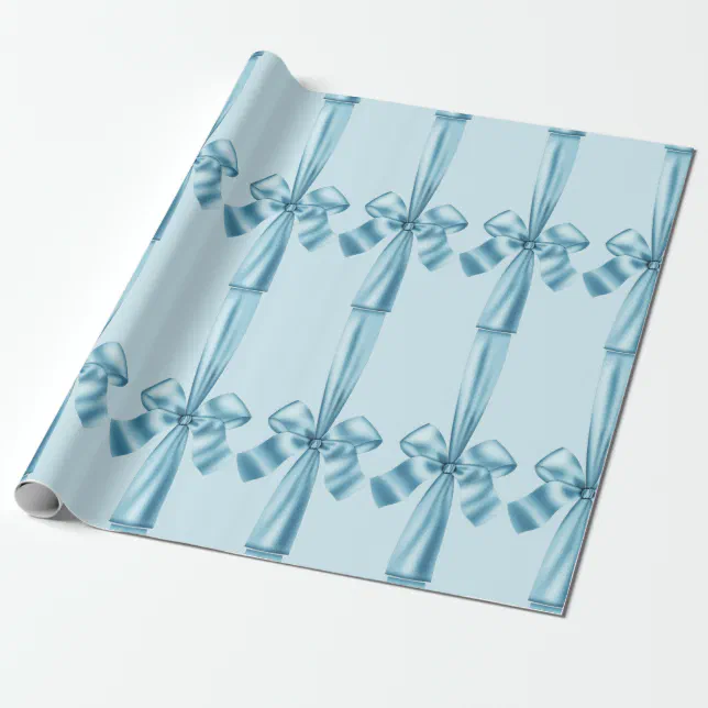Elegant Blue Faux Satin Ribbon Bow Wrapping Paper | Zazzle