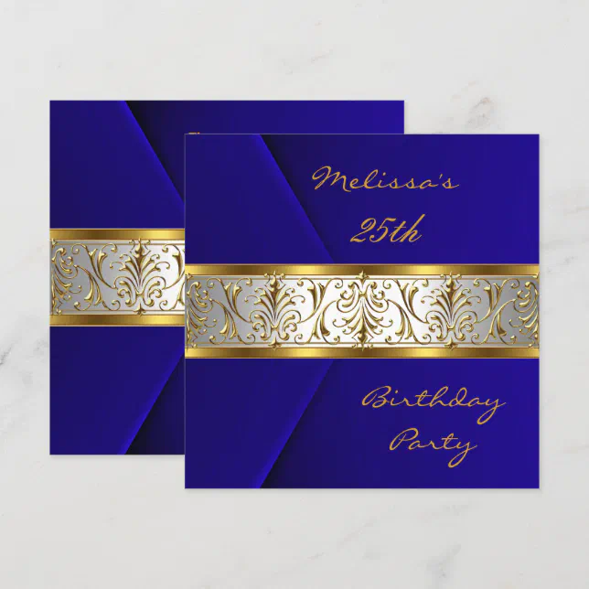 Elegant Blue faux Velvet gold Trim 25th Invitation | Zazzle