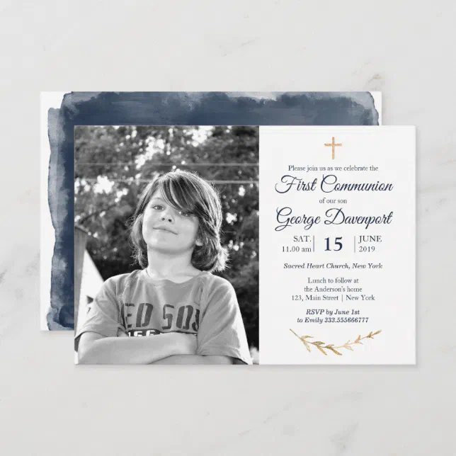 Elegant Blue First Communion custom photo Invitation | Zazzle