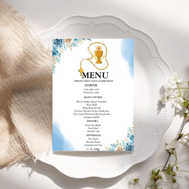 Elegant Blue Floral 1st Communion Party Menu Card | Zazzle