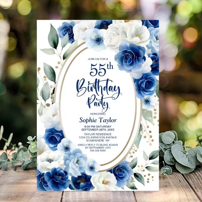 Elegant Blue Floral 55th Birthday Party Invitation | Zazzle
