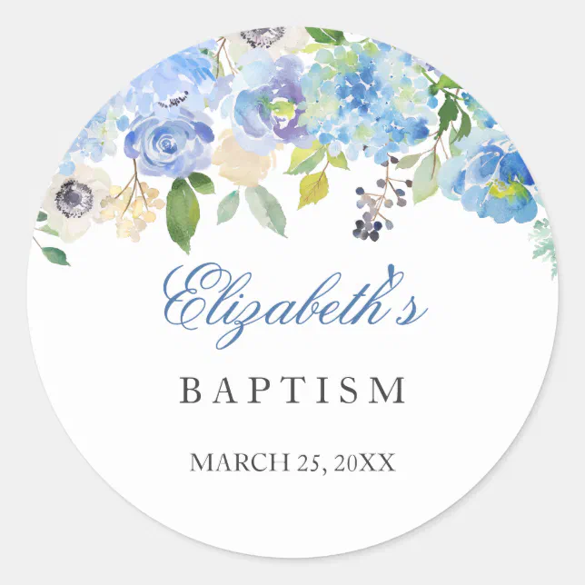Elegant Blue Floral Baptism Christening Sticker | Zazzle