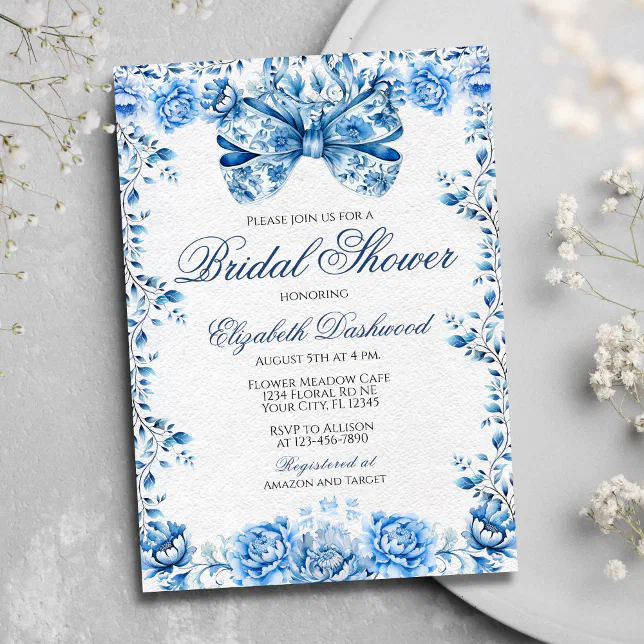 Elegant Blue Floral Bow Regency Era Bridal Shower Invitation | Zazzle