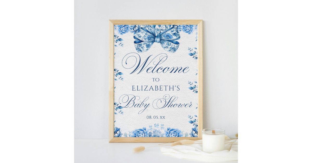 Elegant Blue Floral Bow Toile Calligraphy Welcome Poster | Zazzle