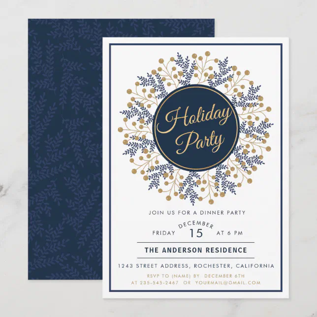 Elegant Blue Floral Christmas Holiday Party Invitation | Zazzle