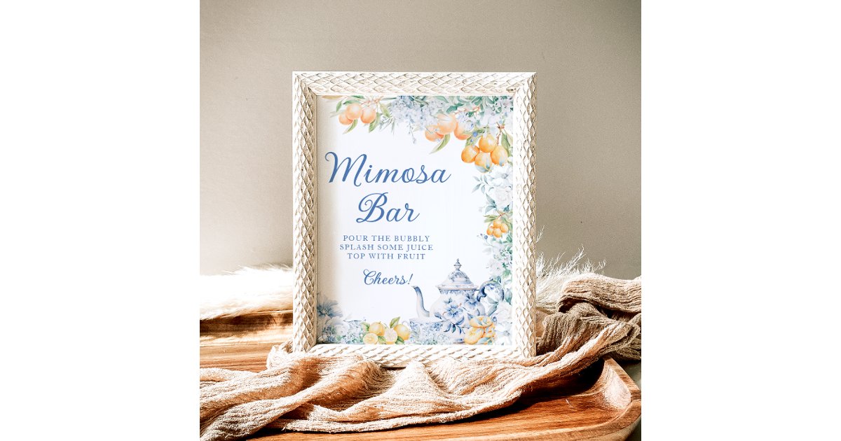 Elegant Blue Floral Citrus Theme Mimosa Bar Poster | Zazzle