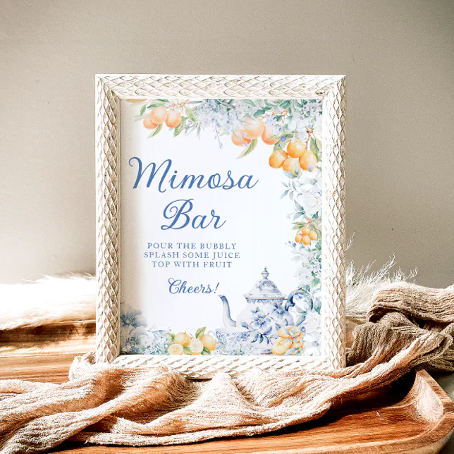 Elegant Blue Floral Citrus Theme Mimosa Bar Poster | Zazzle