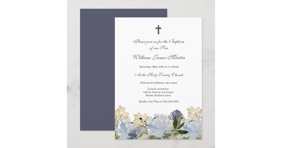 Elegant Blue Floral Cross Baptism Invitation | Zazzle