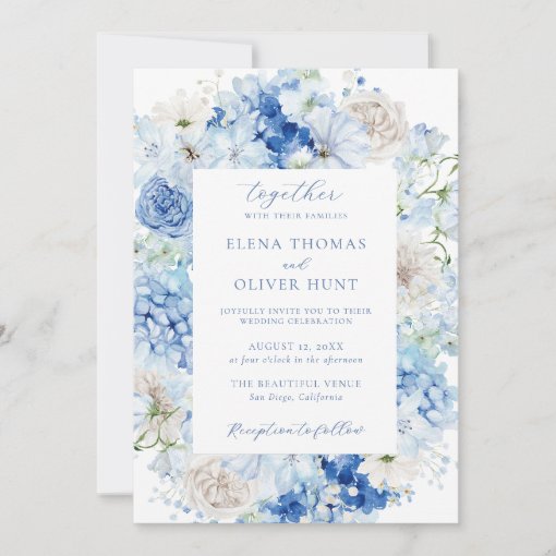 Elegant Blue Floral Frame Wedding Invitation | Zazzle