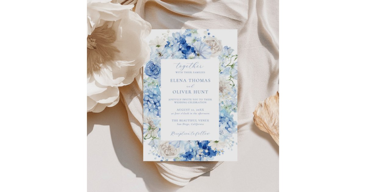 Elegant Blue Floral Frame Wedding Invitation | Zazzle