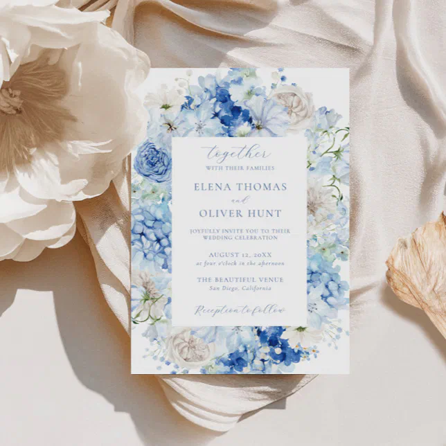 Elegant Blue Floral Frame Wedding Invitation | Zazzle
