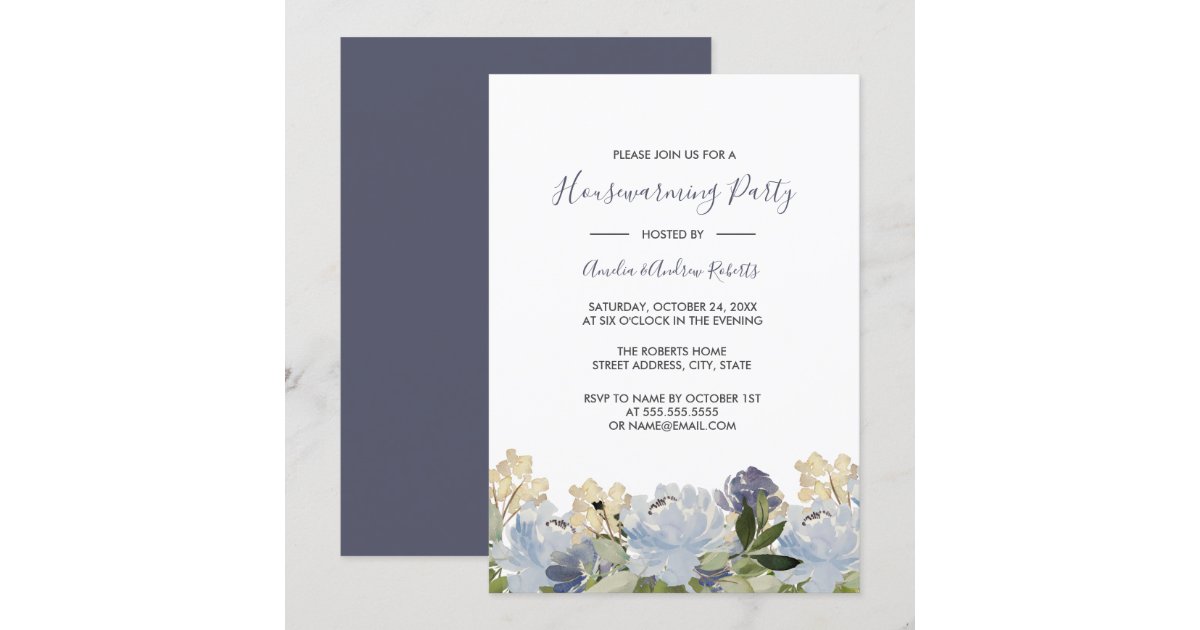 Elegant Blue Floral Garden Housewarming Invitation | Zazzle