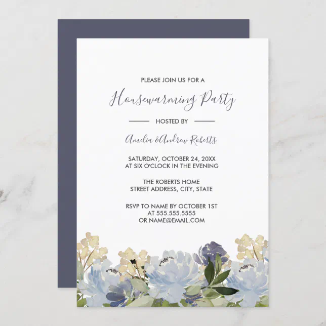 Elegant Blue Floral Garden Housewarming Invitation | Zazzle
