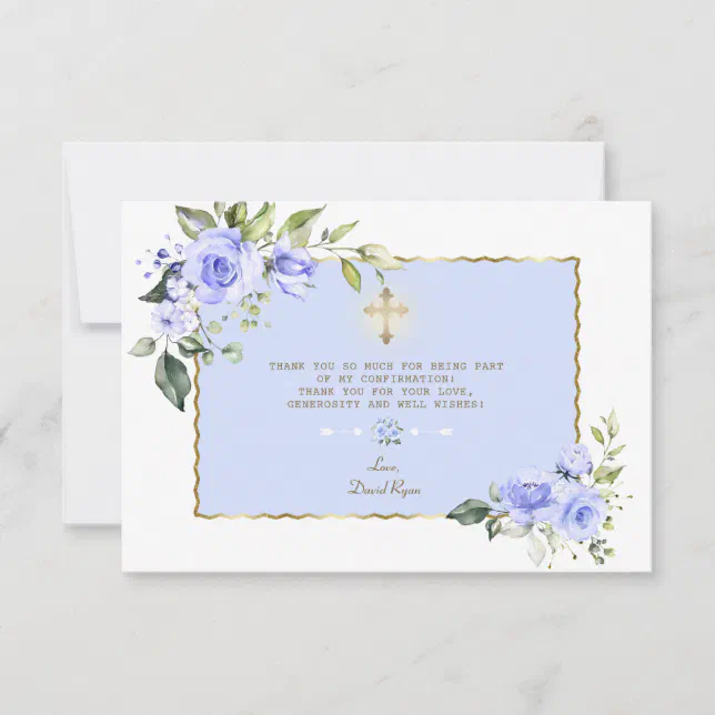 Elegant Blue Floral Gold Cross Boy Confirmation Thank You Card | Zazzle