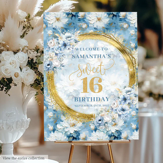Elegant Blue Floral & Gold Glitter Welcome Sign | Zazzle
