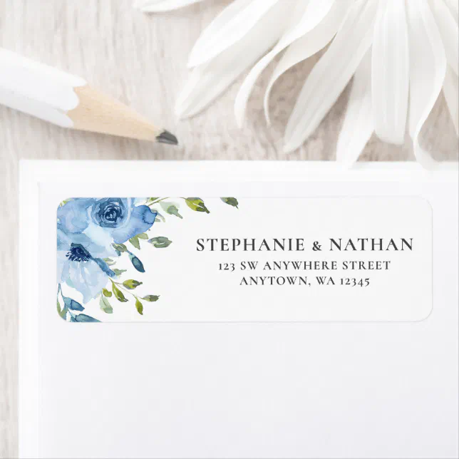 Elegant Blue Floral Greenery Return Address Label | Zazzle