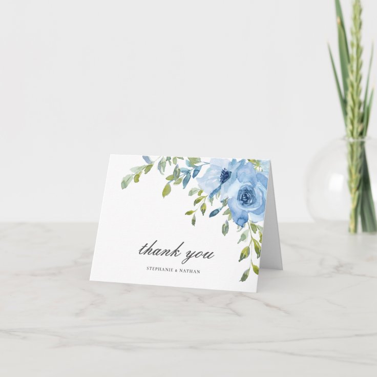 Elegant Blue Floral Greenery Thank You Card | Zazzle