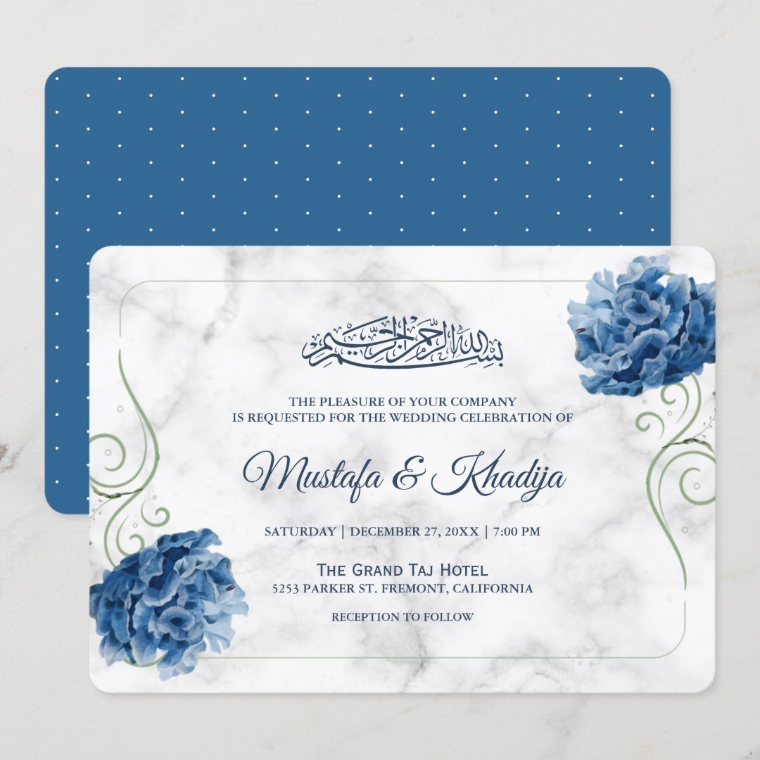 Elegant Blue Floral Marble Islamic Muslim Wedding Invitation | Zazzle