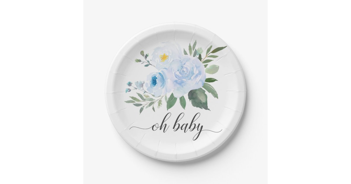 Elegant Blue Floral Oh Baby Shower Plate | Zazzle