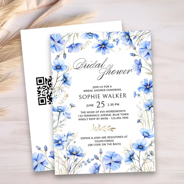Elegant Blue Floral QR Code Bridal Shower Invitation | Zazzle