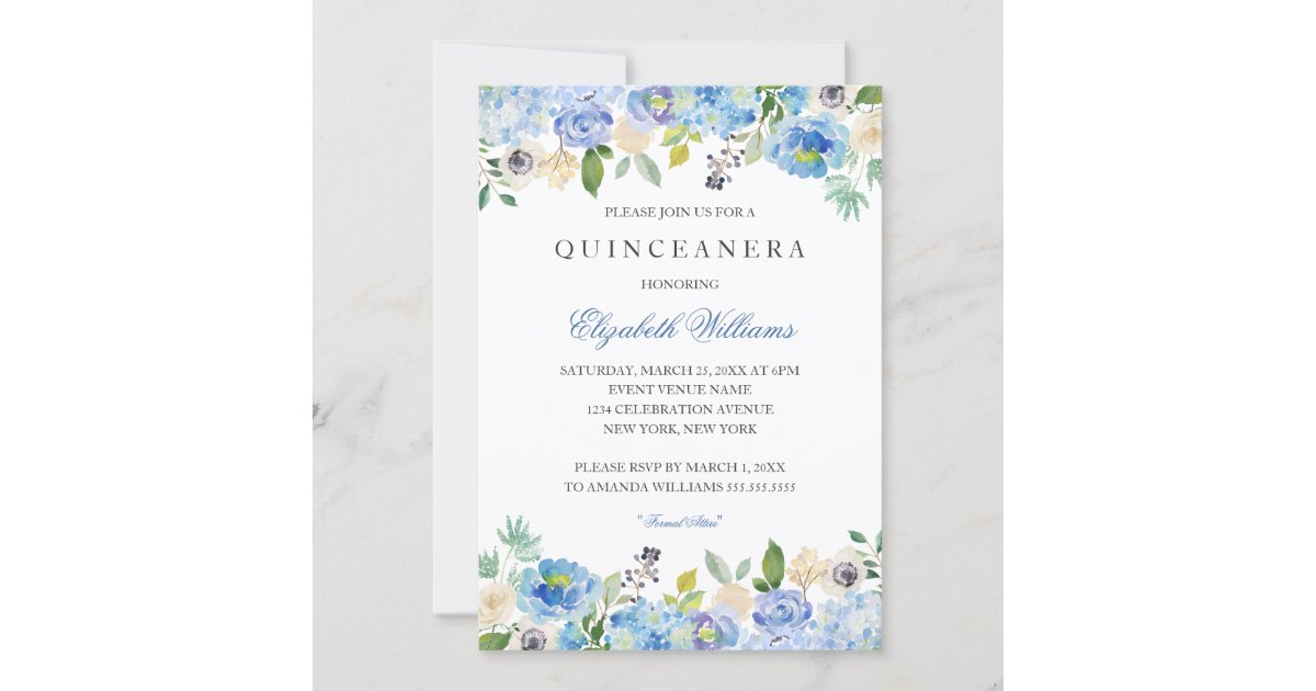Elegant Blue Floral Quinceanera Invitation | Zazzle